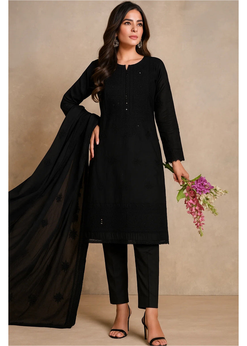 🖤 Black Beauty Chikankari Thread Embroidery 🧵 Lawn 3 Pc Dress 👗 ...