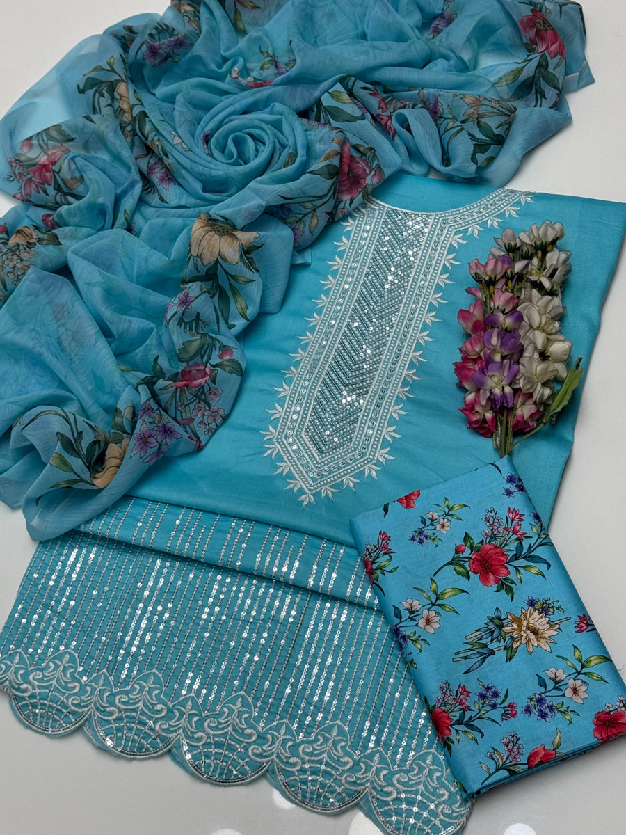 Beautiful Fancy Sequence Embroidery 🧵 Lawn 3 PC 👗– Khawaja Embroidery