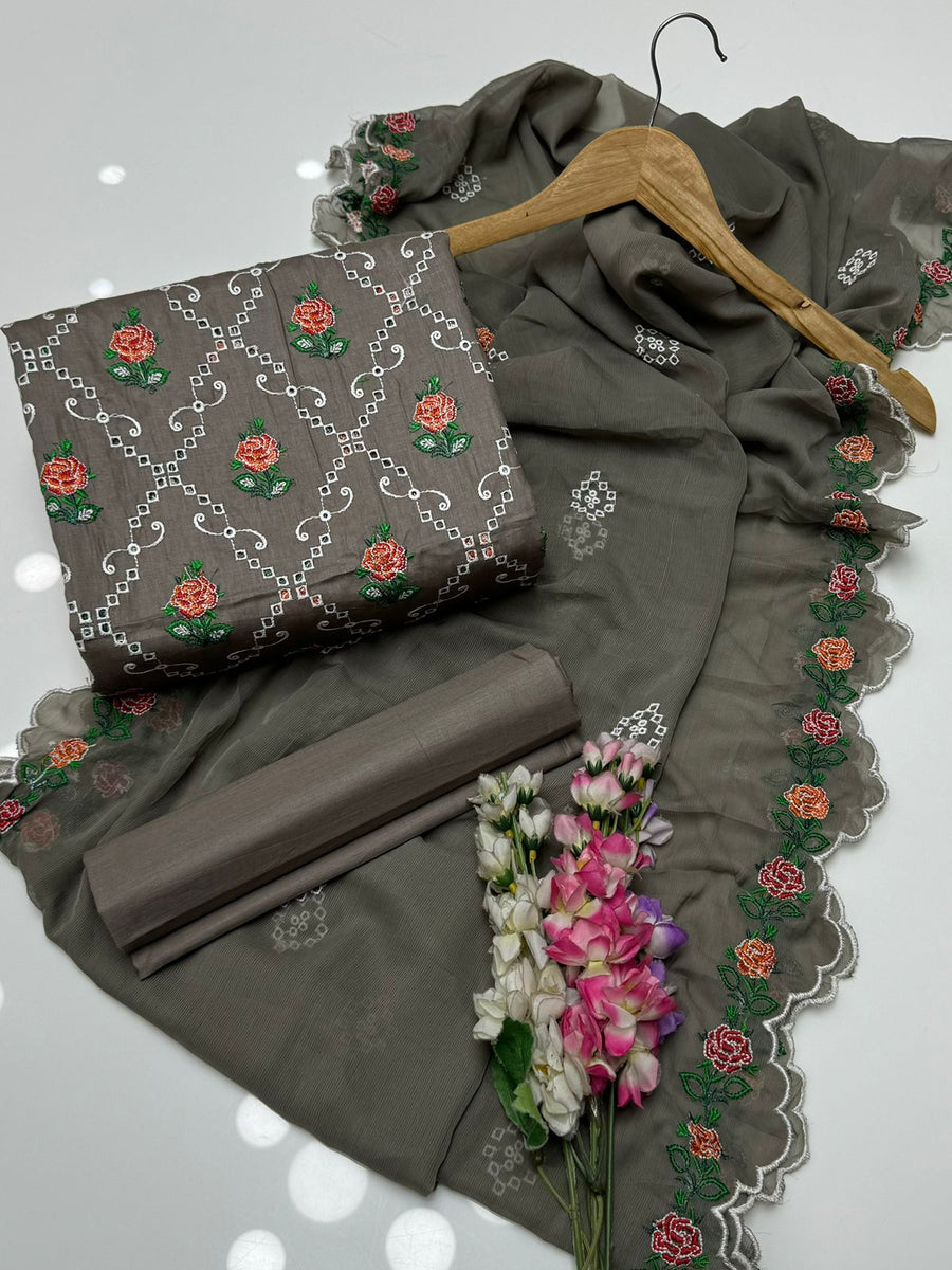 Boutique Style Thread Embroidery With Shiffile Chikankari 3 Pc Dress ...